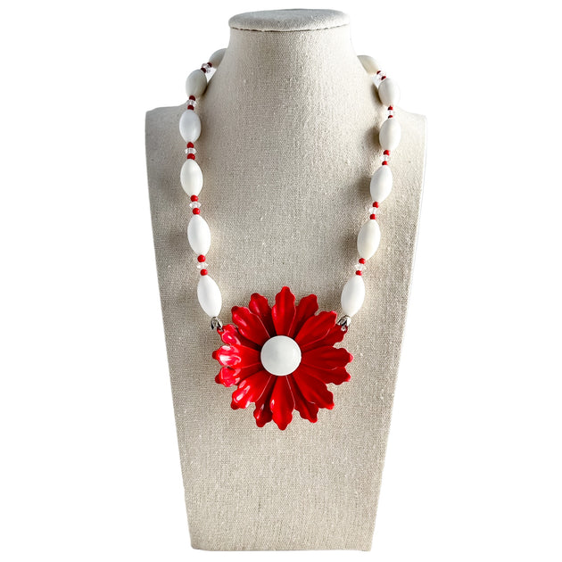 Red & White Single Flower Statement Necklace | bel monili